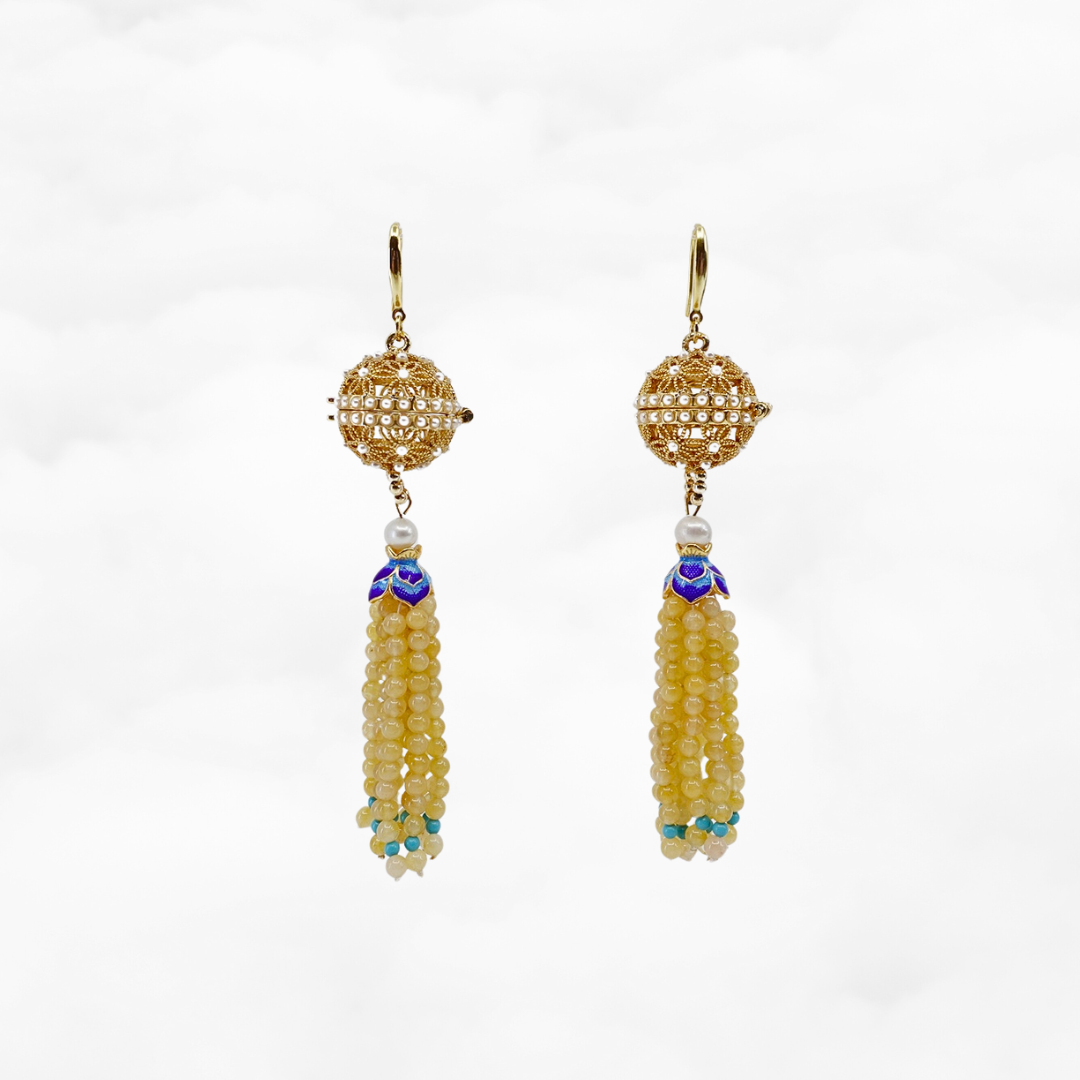Herbal Locket Gemstone Tassel Earrings Yellow Jade