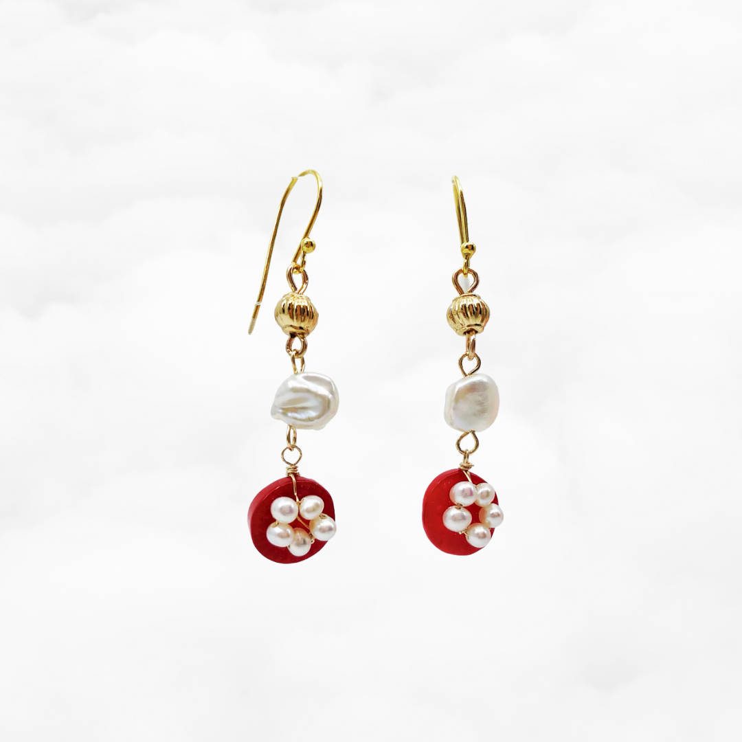 Yun Boutique Red Coral Plum Blossom Earrings Gold 5 Pearls